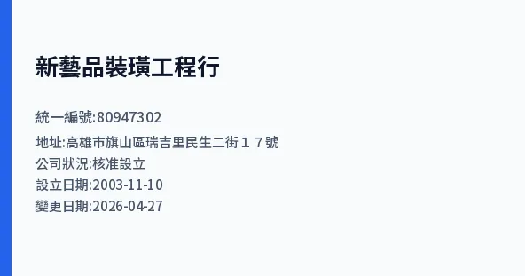 新藝品裝璜工程行的照片-統編 80947302(高雄市) 公司登記資料與營業項目詳細圖表