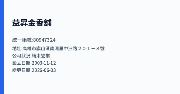 益昇金香舖的照片-統編 80947324(高雄市) 公司登記資料與營業項目詳細圖表