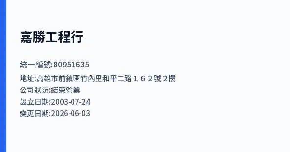 嘉勝工程行的照片-統編 80951635(高雄市) 公司登記資料與營業項目詳細圖表