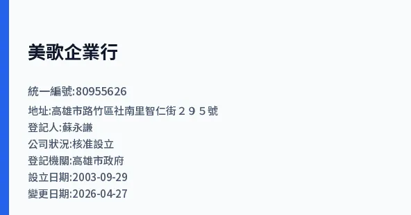 美歌企業行的照片-統編 80955626(高雄市) 公司登記資料與營業項目詳細圖表