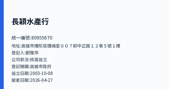 長穎水產行的照片-統編 80955870(高雄市) 公司登記資料與營業項目詳細圖表