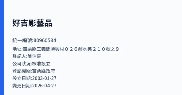 好吉彫藝品的照片-統編 80960584(苗栗縣) 公司登記資料與營業項目詳細圖表