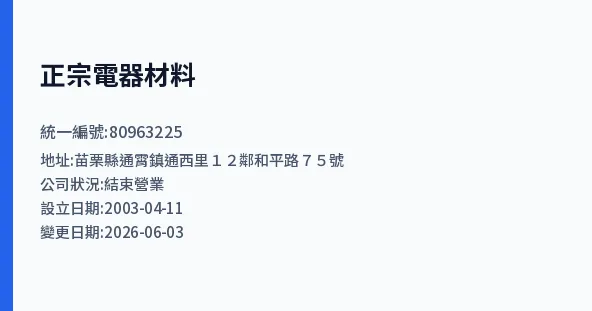 正宗電器材料的照片-統編 80963225(苗栗縣) 公司登記資料與營業項目詳細圖表