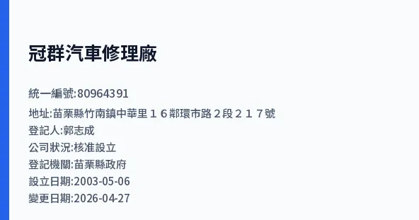 冠群汽車修理廠的照片-統編 80964391(苗栗縣) 公司登記資料與營業項目詳細圖表