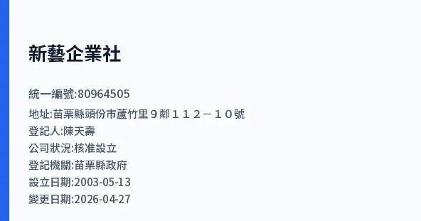 新藝企業社的照片-統編 80964505(苗栗縣) 公司登記資料與營業項目詳細圖表