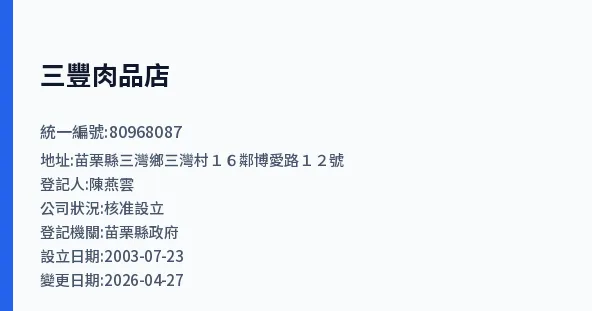 三豐肉品店的照片-統編 80968087(苗栗縣) 公司登記資料與營業項目詳細圖表