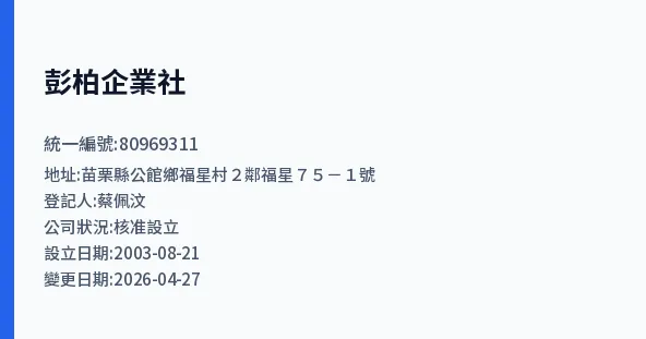 彭柏企業社的照片-統編 80969311(苗栗縣) 公司登記資料與營業項目詳細圖表