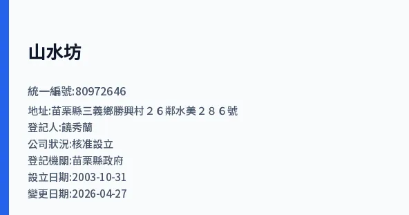 山水坊的照片-統編 80972646(苗栗縣) 公司登記資料與營業項目詳細圖表