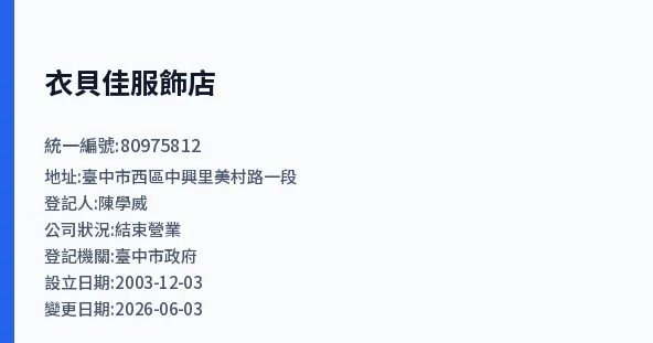 衣貝佳服飾店的照片-統編 80975812(臺中市) 公司登記資料與營業項目詳細圖表