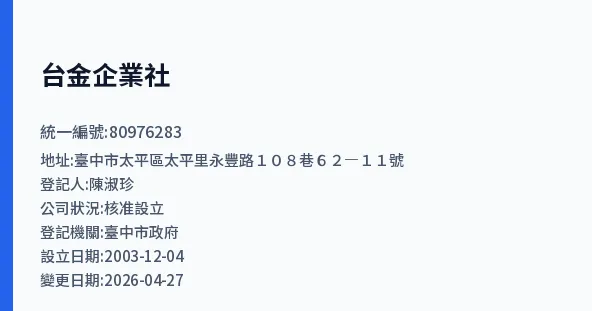 台金企業社的照片-統編 80976283(臺中市) 公司登記資料與營業項目詳細圖表