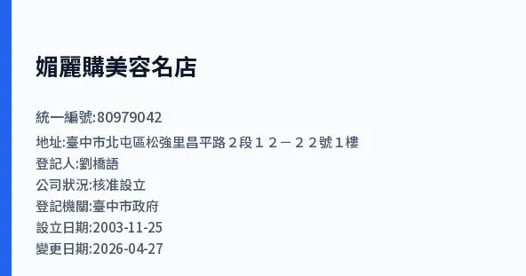 媚麗購美容名店的照片-統編 80979042(臺中市) 公司登記資料與營業項目詳細圖表