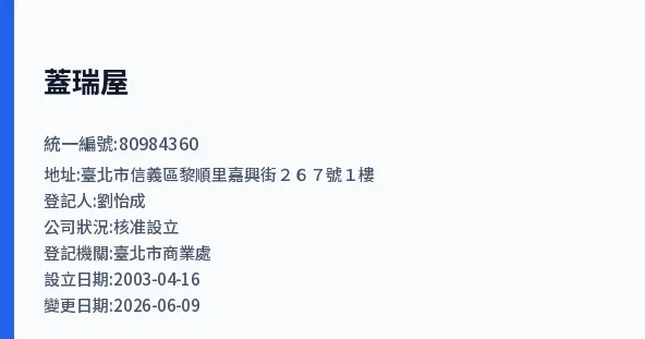 蓋瑞屋的照片-統編 80984360(臺北市) 公司登記資料與營業項目詳細圖表