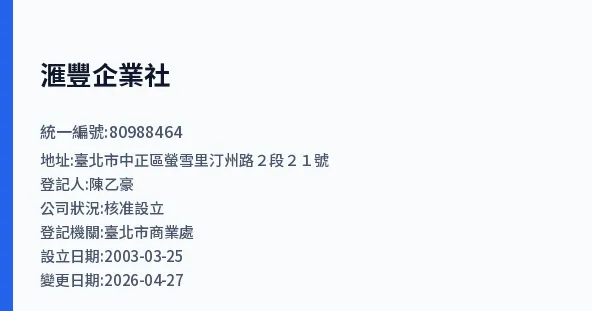滙豐企業社的照片-統編 80988464(臺北市) 公司登記資料與營業項目詳細圖表