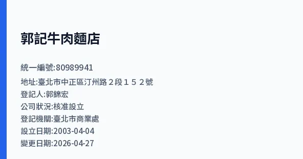 郭記牛肉麵店的照片-統編 80989941(臺北市) 公司登記資料與營業項目詳細圖表