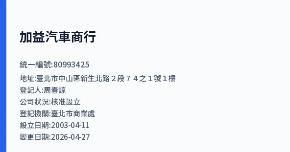 加益汽車商行的照片-統編 80993425(臺北市) 公司登記資料與營業項目詳細圖表