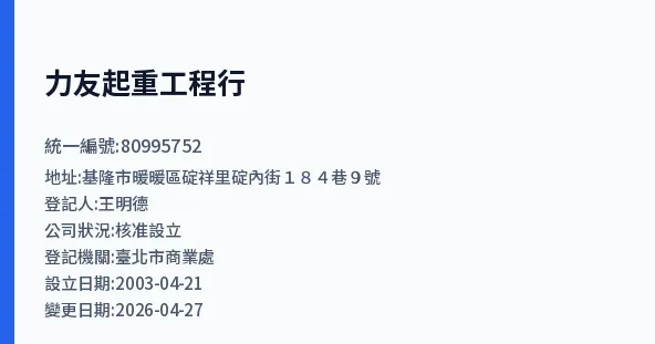 力友起重工程行的照片-統編 80995752(基隆市) 公司登記資料與營業項目詳細圖表