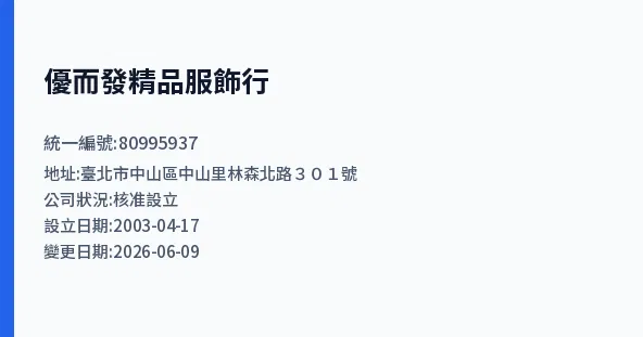 優而發精品服飾行的照片-統編 80995937(臺北市) 公司登記資料與營業項目詳細圖表