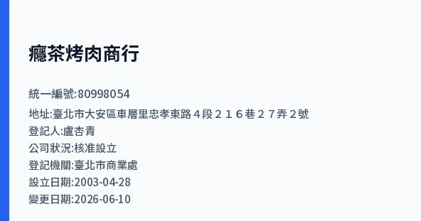 癮茶烤肉商行的照片-統編 80998054(臺北市) 公司登記資料與營業項目詳細圖表