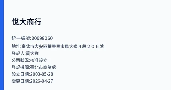 悅大商行的照片-統編 80998060(臺北市) 公司登記資料與營業項目詳細圖表