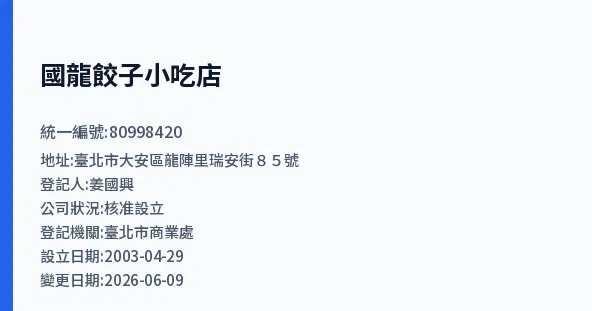 國龍餃子小吃店的照片-統編 80998420(臺北市) 公司登記資料與營業項目詳細圖表