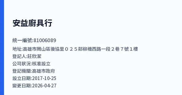 安益廚具行的照片-統編 81006089(高雄市) 公司登記資料與營業項目詳細圖表