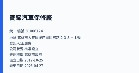 寶鍗汽車保修廠的照片-統編 81006124(高雄市) 公司登記資料與營業項目詳細圖表