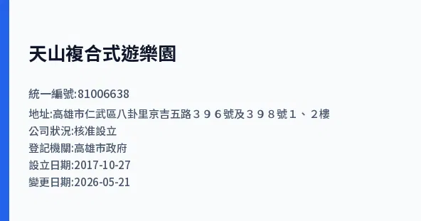天山複合式遊樂園的照片-統編 81006638(高雄市) 公司登記資料與營業項目詳細圖表