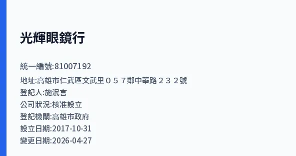 光輝眼鏡行的照片-統編 81007192(高雄市) 公司登記資料與營業項目詳細圖表