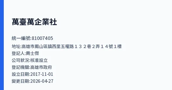 萬臺萬企業社的照片-統編 81007405(高雄市) 公司登記資料與營業項目詳細圖表