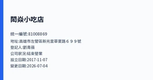 閎焱小吃店的照片-統編 81008869(高雄市) 公司登記資料與營業項目詳細圖表