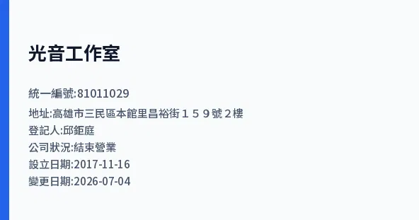光音工作室的照片-統編 81011029(高雄市) 公司登記資料與營業項目詳細圖表