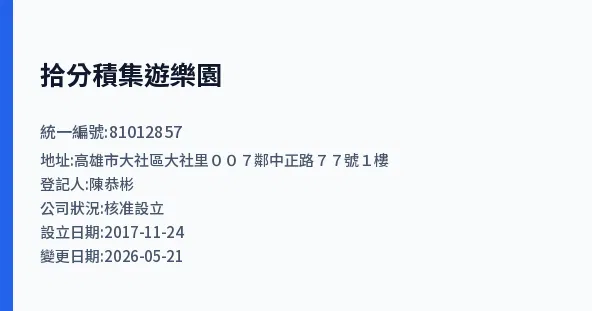 拾分積集遊樂園的照片-統編 81012857(高雄市) 公司登記資料與營業項目詳細圖表