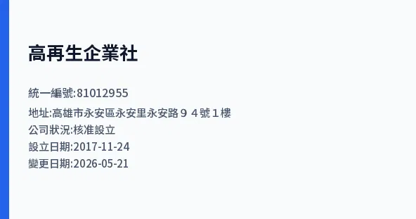 高再生企業社的照片-統編 81012955(高雄市) 公司登記資料與營業項目詳細圖表