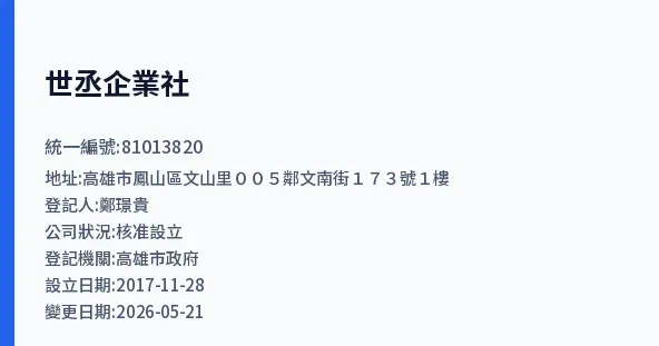 世丞企業社的照片-統編 81013820(高雄市) 公司登記資料與營業項目詳細圖表