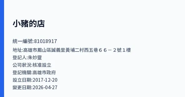 小豬的店的照片-統編 81018917(高雄市) 公司登記資料與營業項目詳細圖表