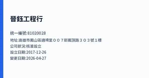 晉鈺工程行的照片-統編 81020028(高雄市) 公司登記資料與營業項目詳細圖表