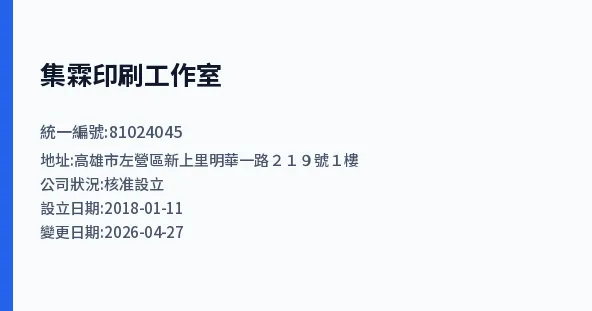 集霖印刷工作室的照片-統編 81024045(高雄市) 公司登記資料與營業項目詳細圖表