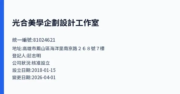 光合美學企劃設計工作室的照片-統編 81024621(高雄市) 公司登記資料與營業項目詳細圖表