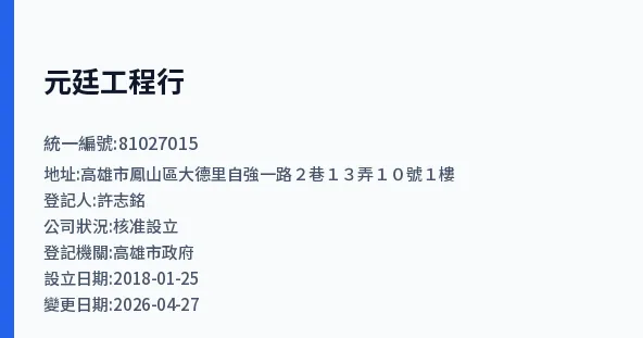 元廷工程行的照片-統編 81027015(高雄市) 公司登記資料與營業項目詳細圖表