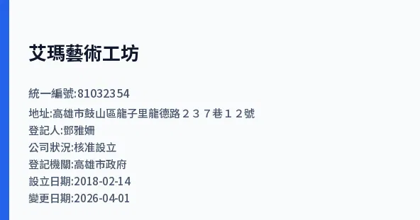 艾瑪藝術工坊的照片-統編 81032354(高雄市) 公司登記資料與營業項目詳細圖表