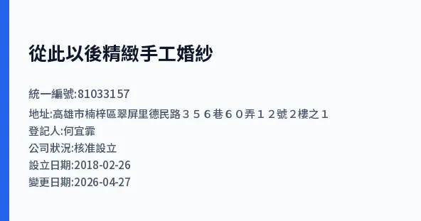 從此以後精緻手工婚紗的照片-統編 81033157(高雄市) 公司登記資料與營業項目詳細圖表