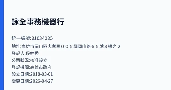 詠全事務機器行的照片-統編 81034085(高雄市) 公司登記資料與營業項目詳細圖表