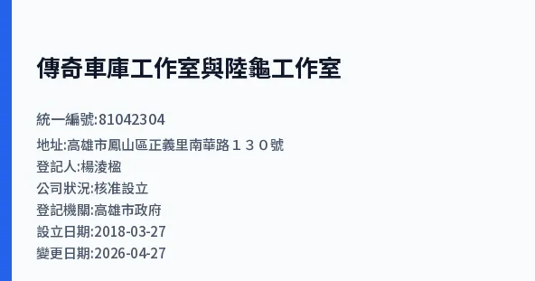 傳奇車庫工作室與陸龜工作室的照片-統編 81042304(高雄市) 公司登記資料與營業項目詳細圖表