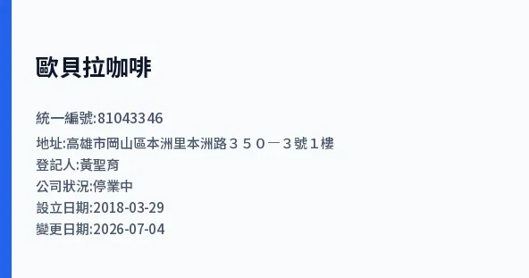 歐貝拉咖啡的照片-統編 81043346(高雄市) 公司登記資料與營業項目詳細圖表