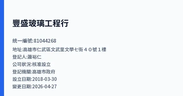豐盛玻璃工程行的照片-統編 81044268(高雄市) 公司登記資料與營業項目詳細圖表