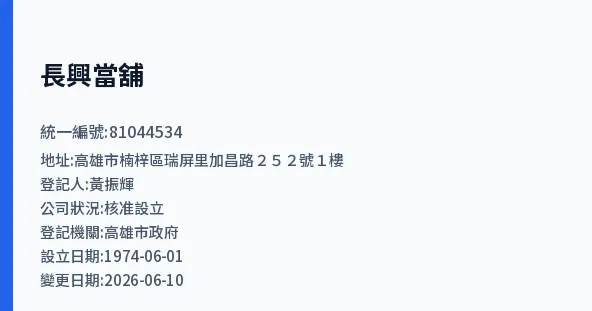 長興當舖的照片-統編 81044534(高雄市) 公司登記資料與營業項目詳細圖表