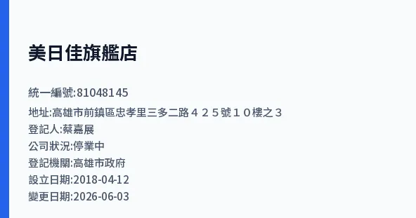 美日佳旗艦店的照片-統編 81048145(高雄市) 公司登記資料與營業項目詳細圖表