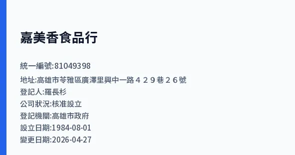 嘉美香食品行的照片-統編 81049398(高雄市) 公司登記資料與營業項目詳細圖表