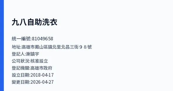 九八自助洗衣的照片-統編 81049658(高雄市) 公司登記資料與營業項目詳細圖表