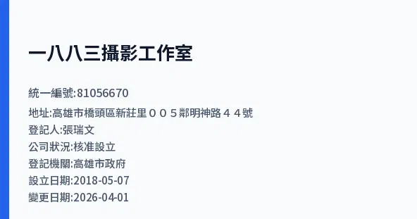 一八八三攝影工作室的照片-統編 81056670(高雄市) 公司登記資料與營業項目詳細圖表